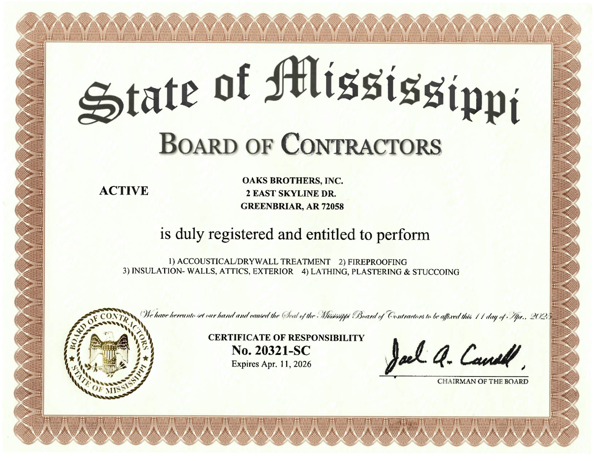 Certificates | Oaks Brothers Inc